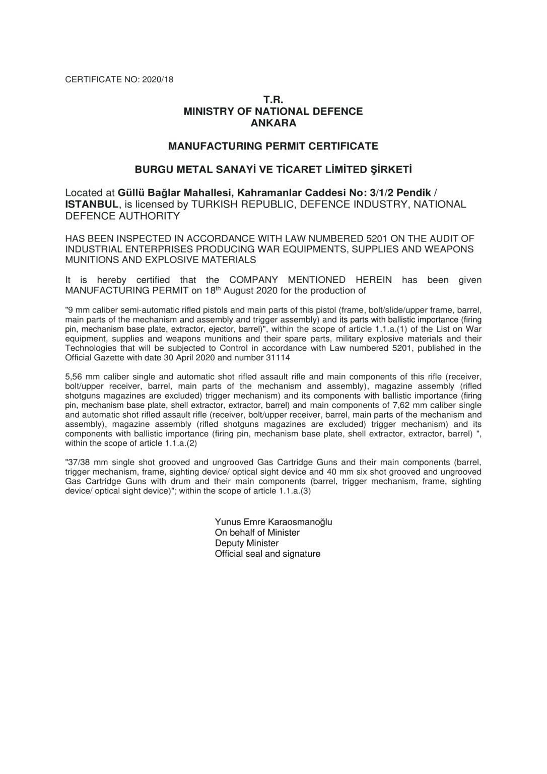 Our Certificates – BRG DEFENCE – BURGU METAL